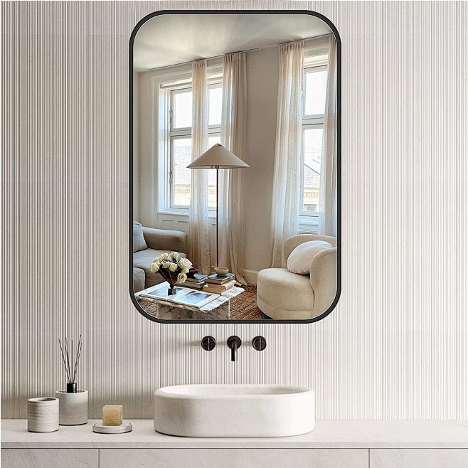 JENBELY 60.96 x 91.44 厘米壁挂式浴室镜,黑色金属框架矩形镜子,圆角浴室梳妆镜,适用于卧室或客厅,水平/垂直 ...
