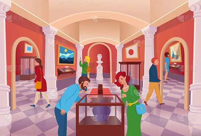 博物馆艺术画廊与人矢量卡通室内。素材-花瓣网