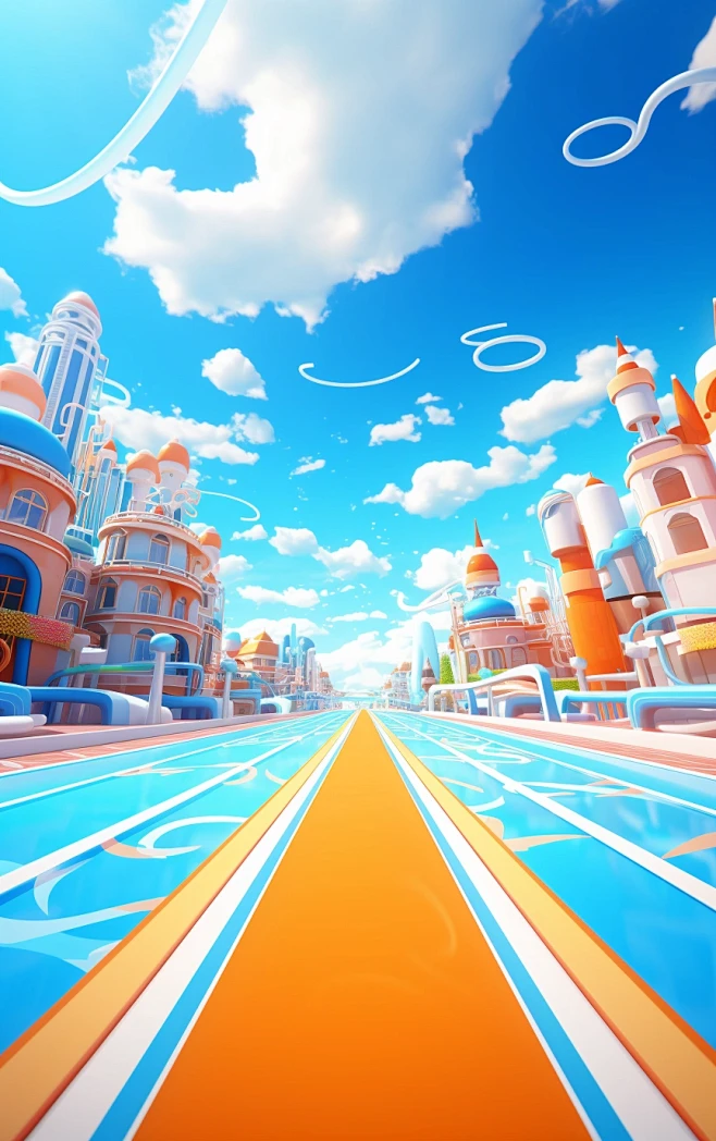 A long plastic track in front with school buildings behind, futuristic ...