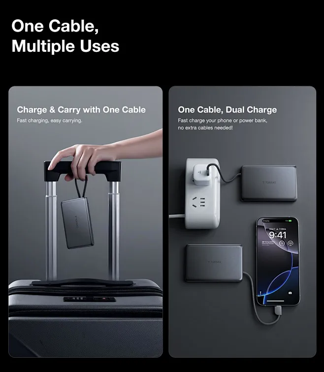 Amazon.com: TORRAS Power Bank with Built-in USB-C Cable, Ultra-Slim 10 ...