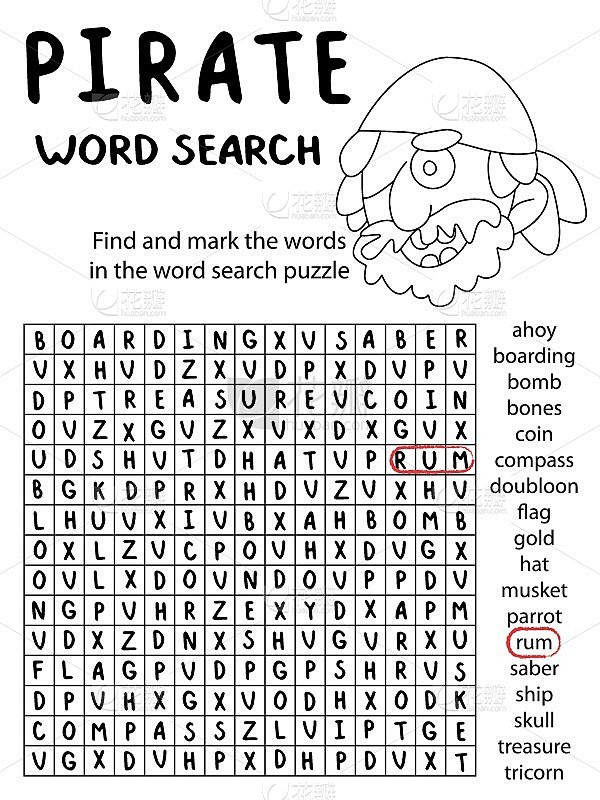 Pirate word search puzzle with little coloring vec