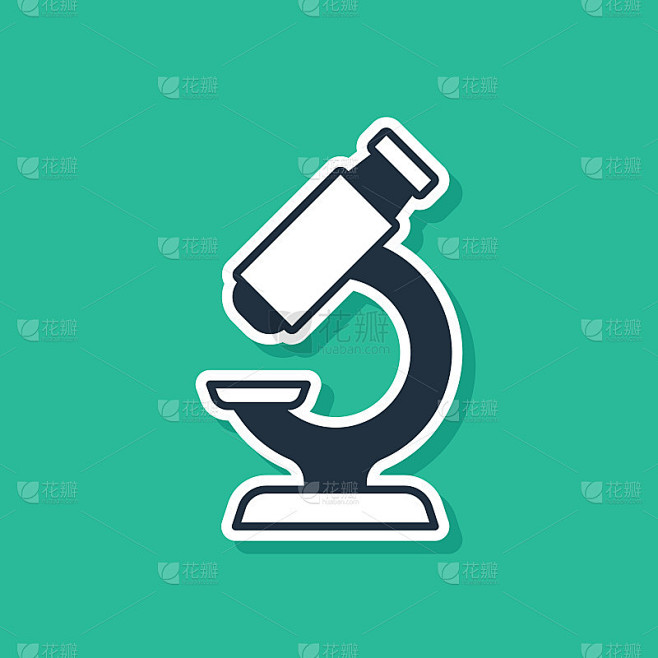 蓝色显微镜图标孤立在绿色背景上。化学、制药仪器、微生物放大工具。向量