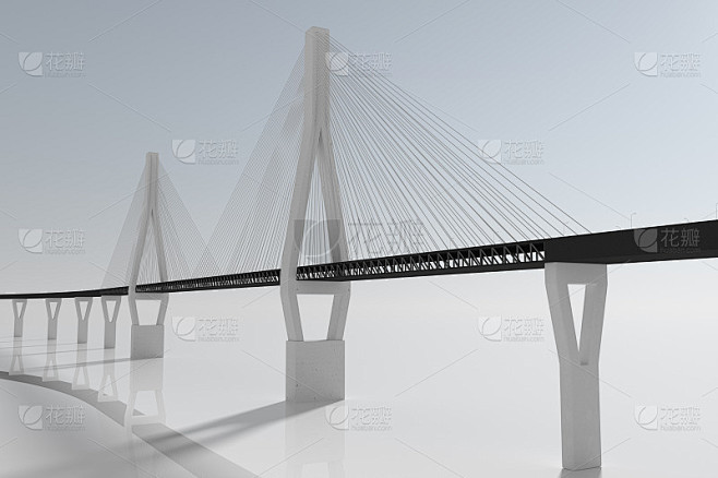 悬索桥与白色桥梁，3d渲染。