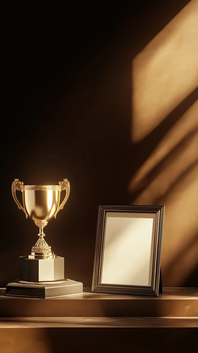ppaoooo_A_gold_trophy_and_two_blank_photo_frames_sit_on_a_displ_7-花瓣网
