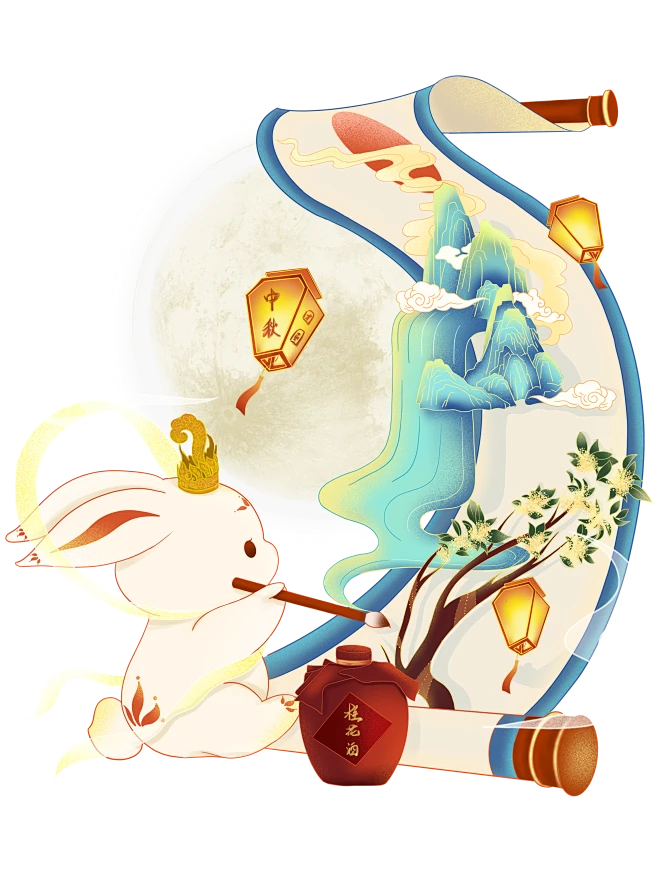 国潮风中秋节兔子绘画山水-花瓣网