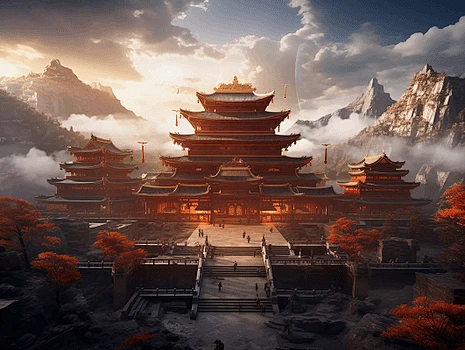 唯美古风动漫复古建筑廊亭植物山水云间插画中国古典建筑城楼游戏场景写实桌面壁纸古风背景-花瓣网