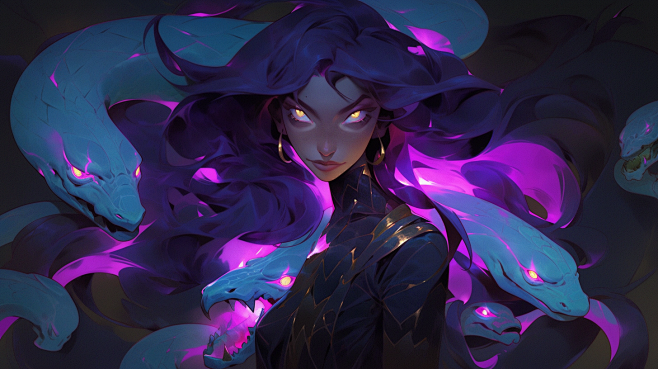 Gadal_portrait_of_girl_with_purple_hairglowing_eyesa_huge_snake ...
