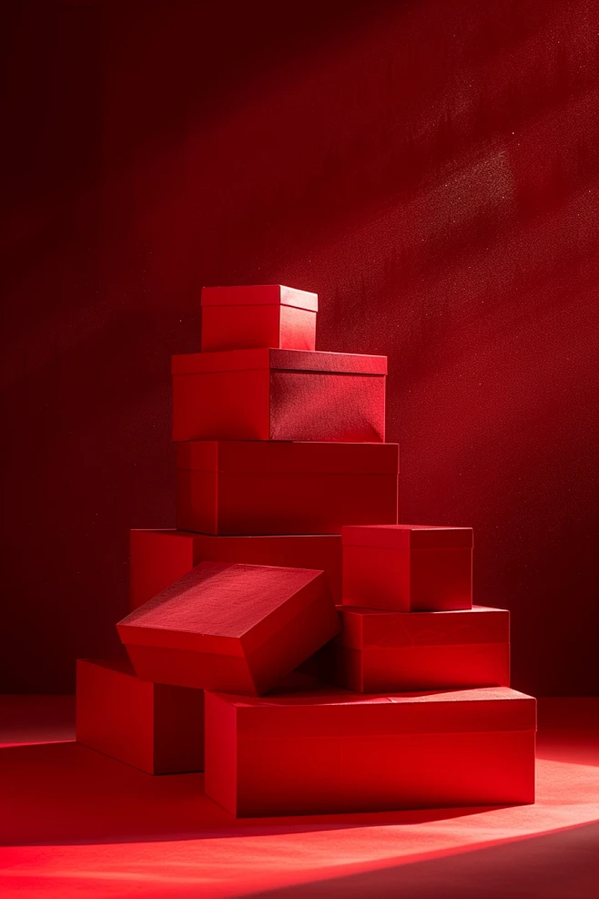 red boxes stacked one on top of the other with a light shining through ...