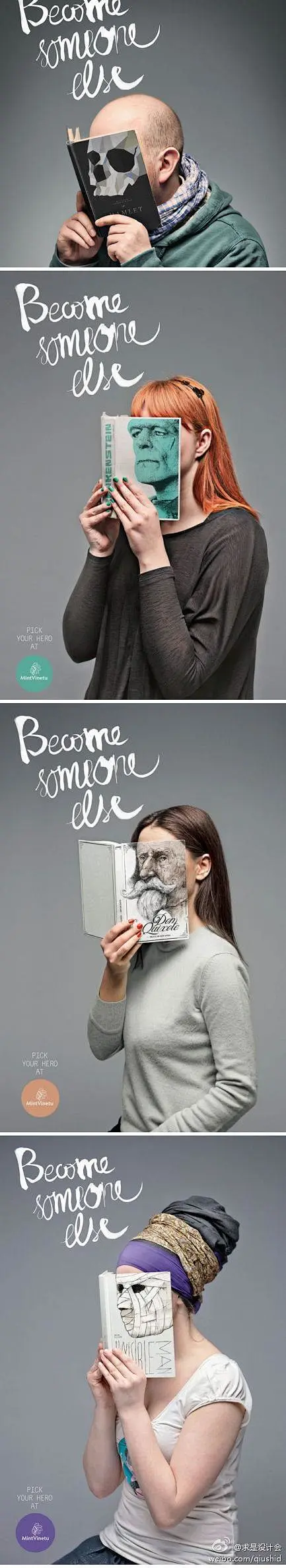 Mint Vinetu 书店的平面广告：Become someone else，Pick your hero at Mint Vinetu-花瓣网