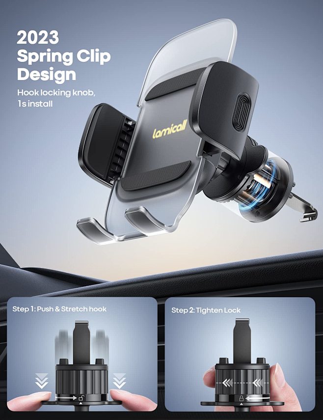 Amazon.com: Lamicall 车载通风口手机支架 - [2023 弹簧夹] 通风口手机支架支架,免提手机支架,360 度可调节手机 ...