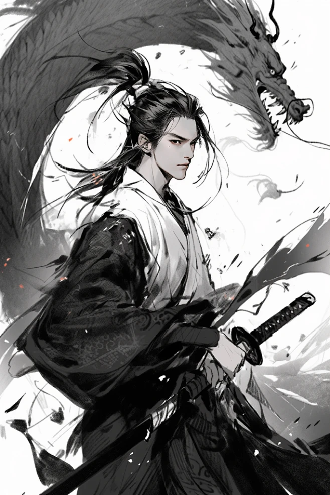 古风少年水墨武侠剑客和龙插画-花瓣网