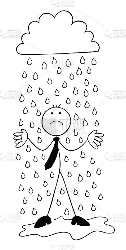 下雨了，stickman商人角色被淋湿了，闷闷不乐，矢量卡通插图