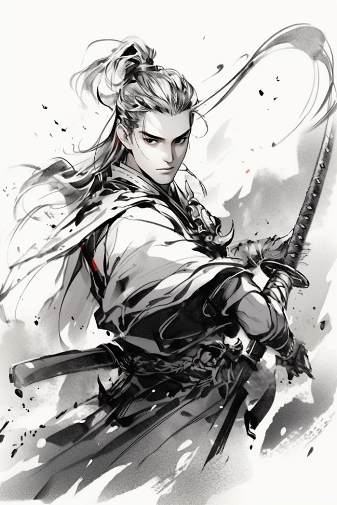 古风执剑少年水墨武侠剑客插画-花瓣网
