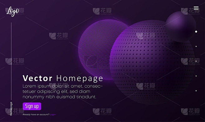 Purple web homepage template with icons and 3d bal