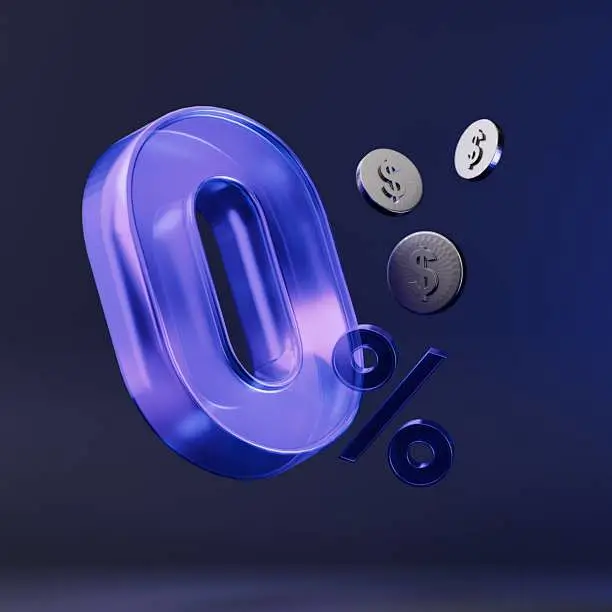0 percent 3d render in crystal glass style with coins, dollar sign on ...
