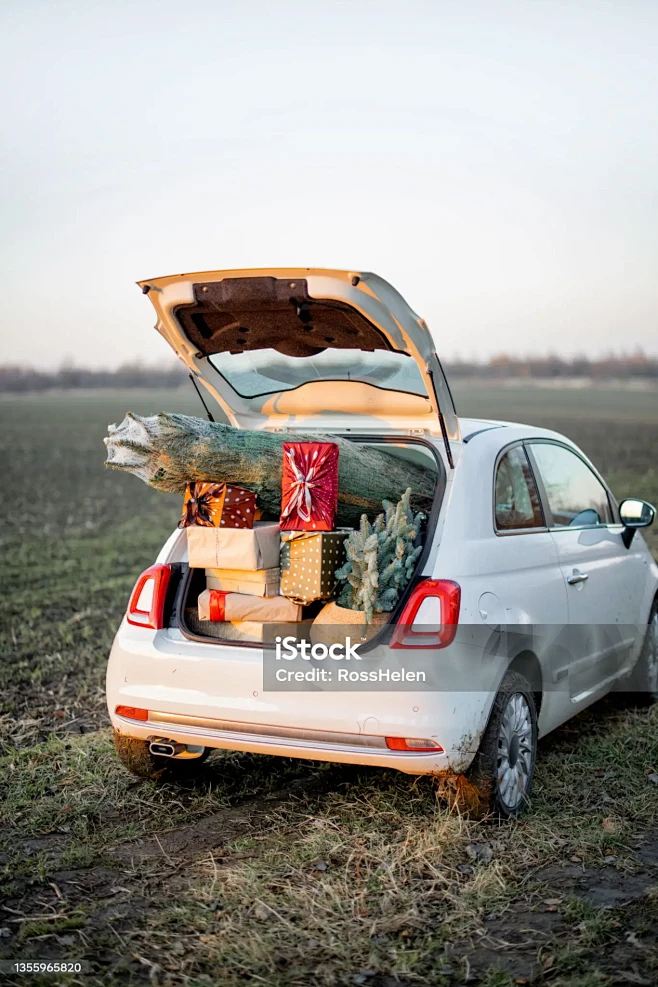 Car trunk full of gift boxes and Christmas tree Car trunk full of gift ...