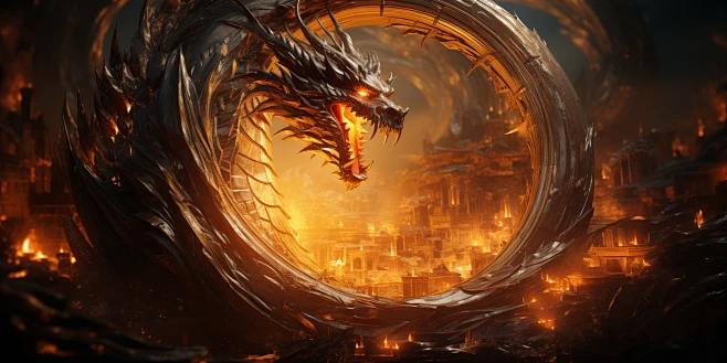 chinese drama of golden dragon in the fire, in the style of spiral ...