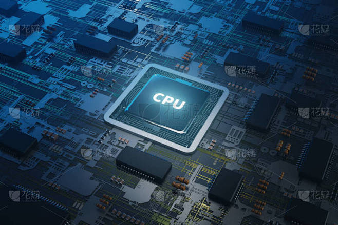 主板背景上发光的cpu文本，3D渲染