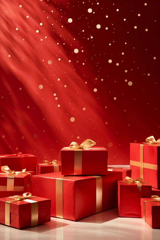 Red present boxes with stars on top and gold ribbon thrown onto the red ...