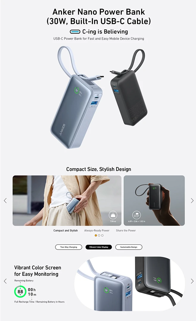 Amazon.com: Anker Nano Power Bank, 10,000mAh Portable Charger with Built-in USB-C Cable, PD 30W ...