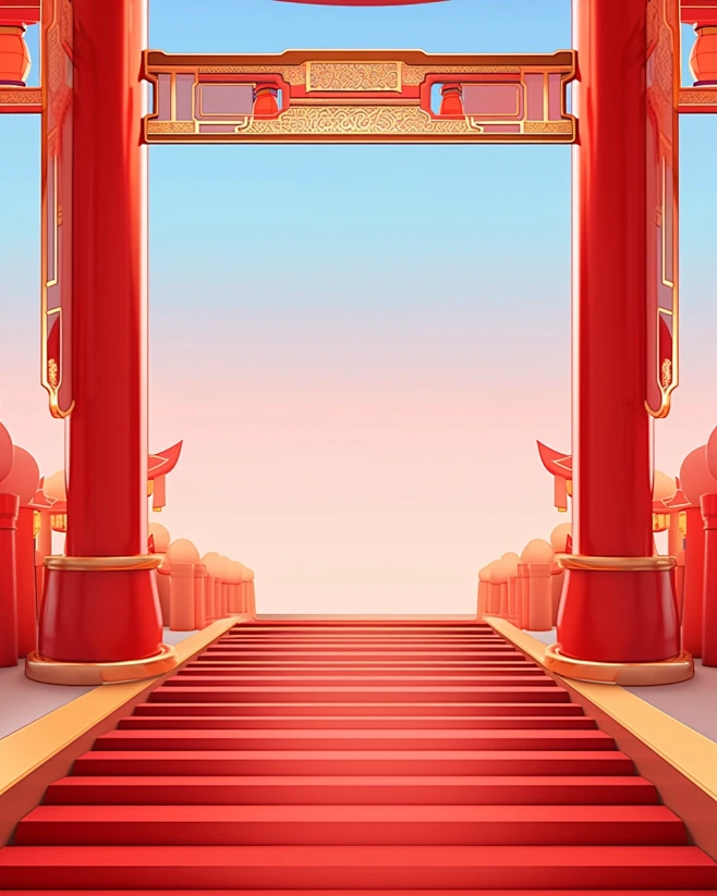 Red corridor with a golden archway inside chinese temple space chinese ...
