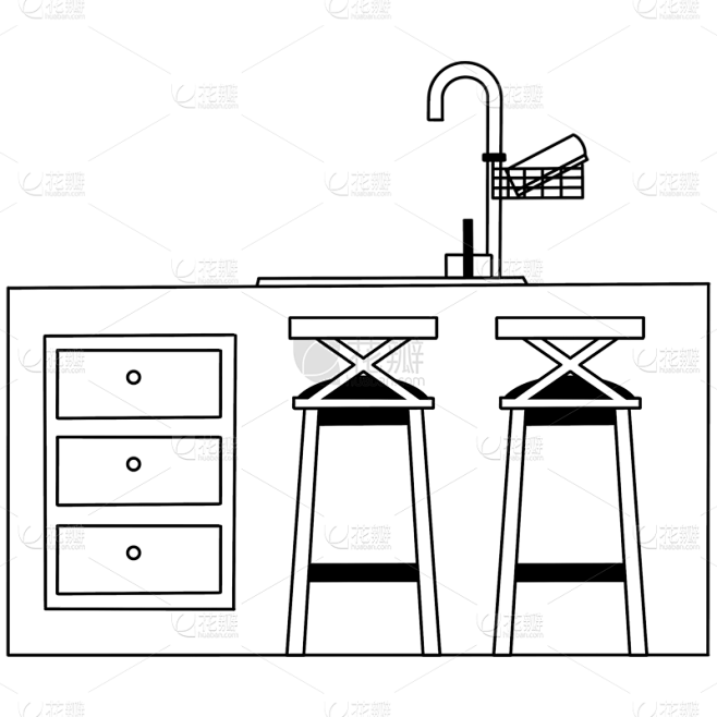 手绘-线条简笔画元素-料理台