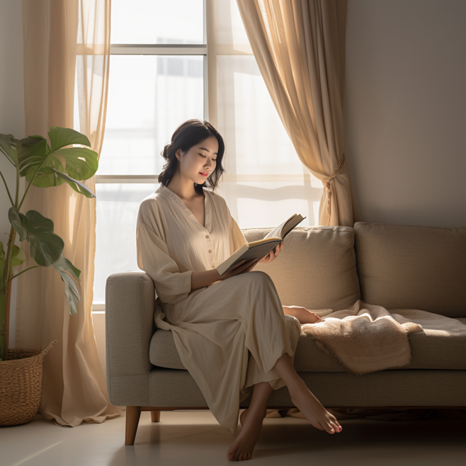 ls7623_A_asian_women_sitting_on_a_sofa_is_reading_with_a_book_w ...