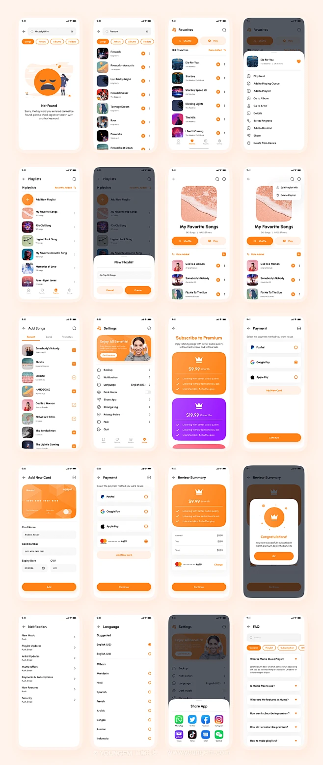 80屏国外iOS/Android音乐播放器多媒体app界面设计橙色ui套件明暗模板下载_颜格视觉-花瓣网
