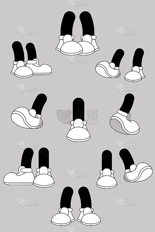 矢量组卡通腿。脚和手套手角色或脚在运动鞋踢，走和跑。