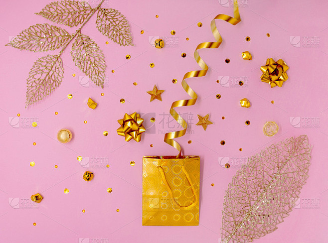 Festive pink background with gold decorations. Chr
