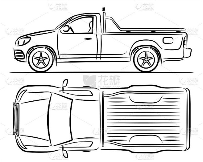 轮廓插图皮卡，抽象轮廓在白色的背景。车辆图标从侧面和顶部设置视图。一种手绘的矢量线艺术。
