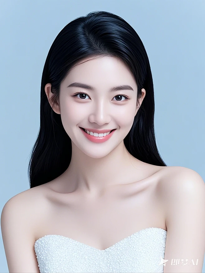 医美皮肤模特 穿礼服 的年轻亚洲女 正对 微笑 年轻 黑长直发 冷白皮 年轻 元气 纯色明亮得背景 极简 水光皮肤 活力 1 花瓣网