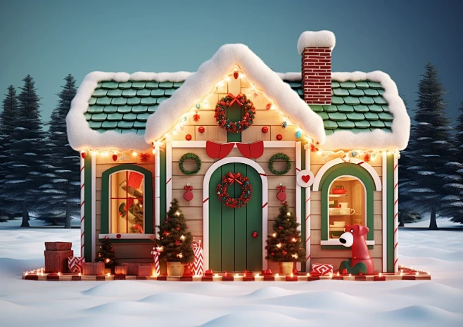 3d render of a whimsical Christmas dog house, winter outside, festive ...