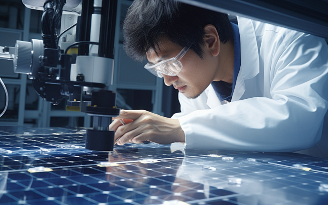 AI生成图WGX_a_man_inspects_solar_panels_with_the_aid_of_microscope_in_t ...