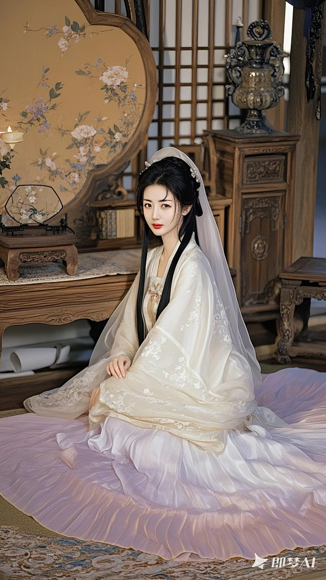 漫画风格，古言小说场景，一位绝色古风美人，玉骨冰肌，黑发，绝美的容貌，长长的睫毛，红红的嘴唇，完美的身材，白色真丝缎面纱衣裙，绣着精美的花纹 ...