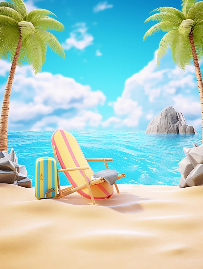 Beach, beach, surfboard, deck chair, coconut tree, camera, suitcase ...