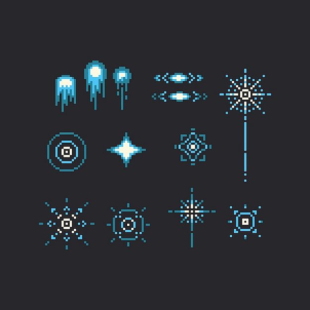 Pixel art set of blue firework icon. Premium Vector