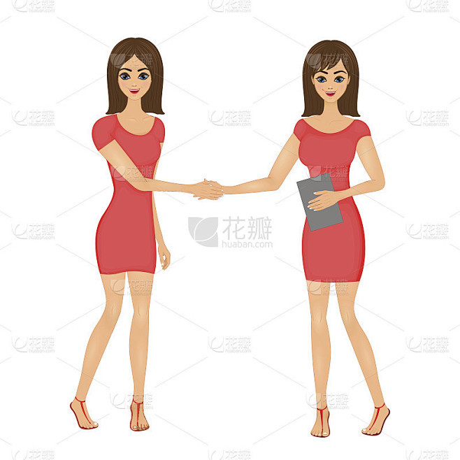 插图握手的两个可爱的卡通女孩