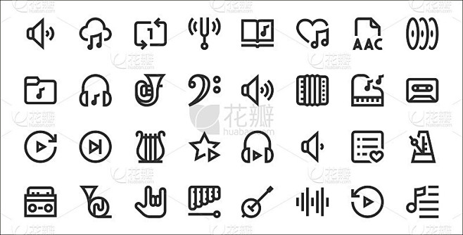 一套32个音乐细轮廓图标，如播放列表，音波，木琴，扬声器，播放列表，竖琴，卡带，高音量，音乐