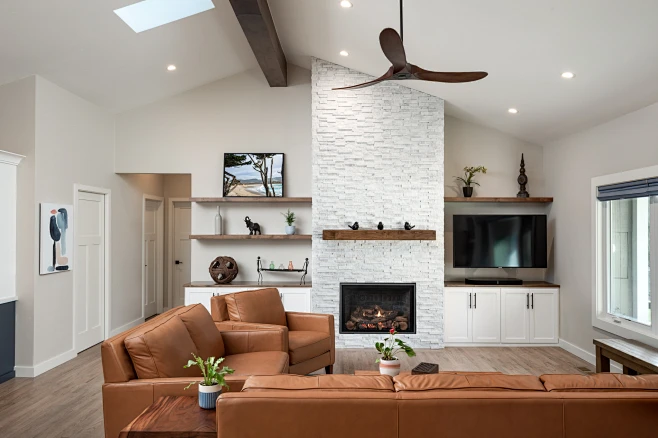 Living room - large transitional open concept medium tone wood floor ...