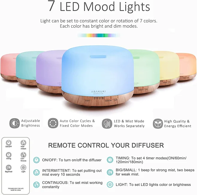 Amazon.com: ASAKUKI 500ml Premium, Essential Oil Diffuser with Remote ...