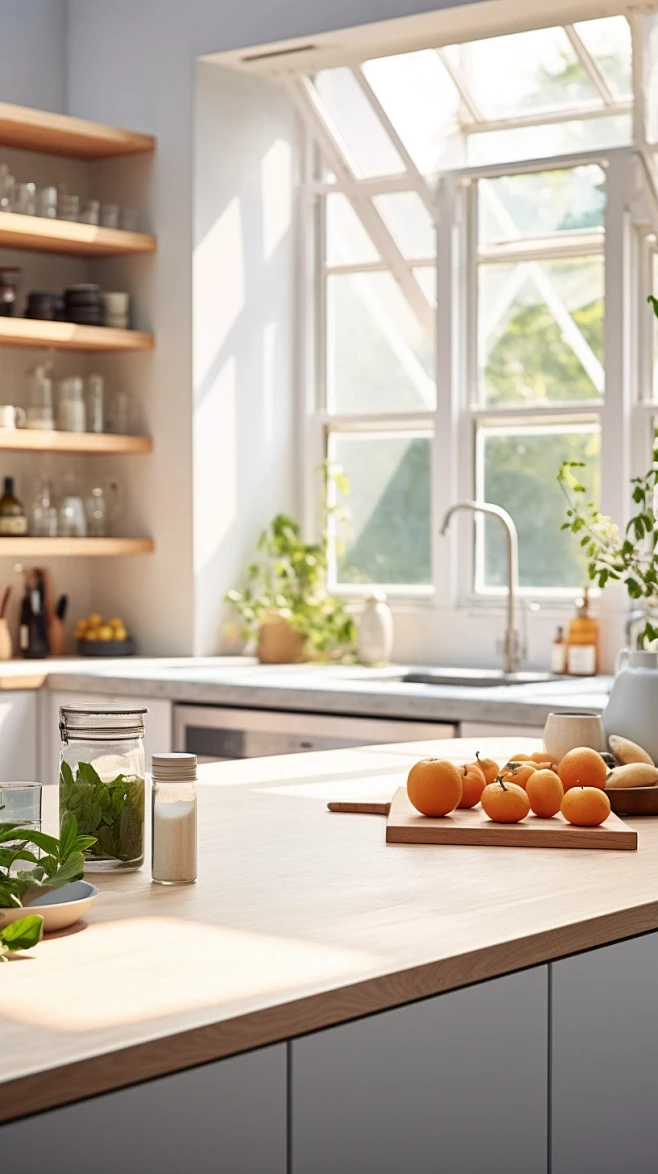 Commercial photography, natural light, bright kitchen, minimalist background featuring shallow ...