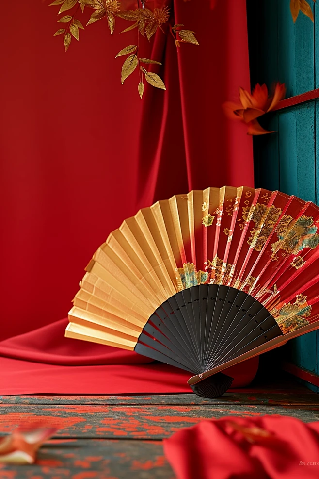 Golden fans and fans, red backdrop, and other decorations, in the style ...