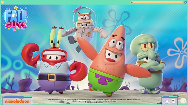 Three Fall Guys wearing the Mr Krabs, Patrick and Squidward costu