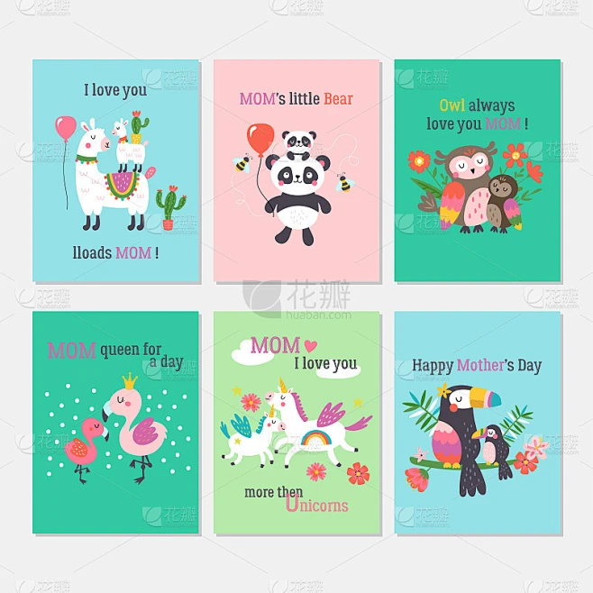 Mother's day greeting card set with cute animals.素材-花瓣网