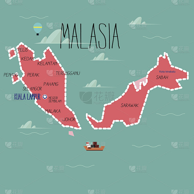 马来西亚地图-矢量插图