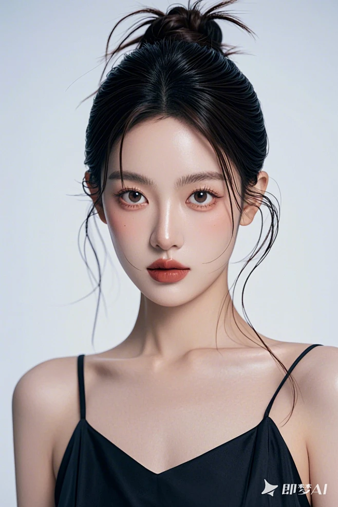 摄影人像，御姐写真，正面，肤白透亮，标准正面半身证件照，五官立体，不要碎发，正面照，头留2厘米空白，扎马尾，高级精致五官，东方面孔的美女，轮廓 ...