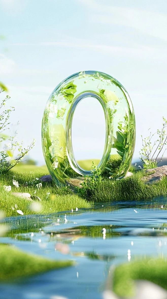 Transparent number "0" written in the air.Grass,water,plants, sky ...