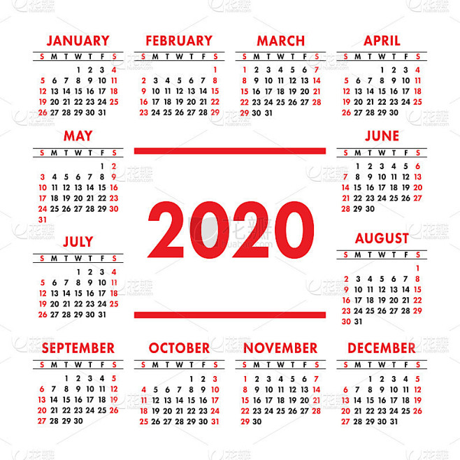 Calendar 2020 year. Vector design template. Color