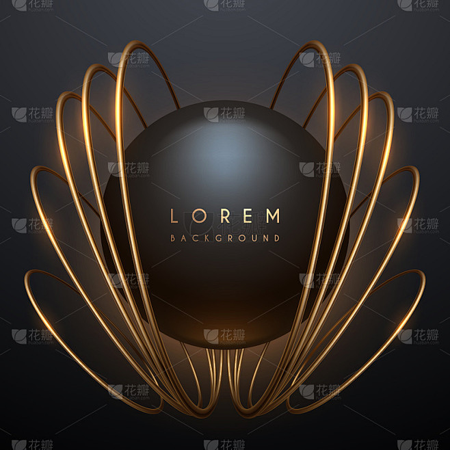 抽象的黑色球体与金色的环背景